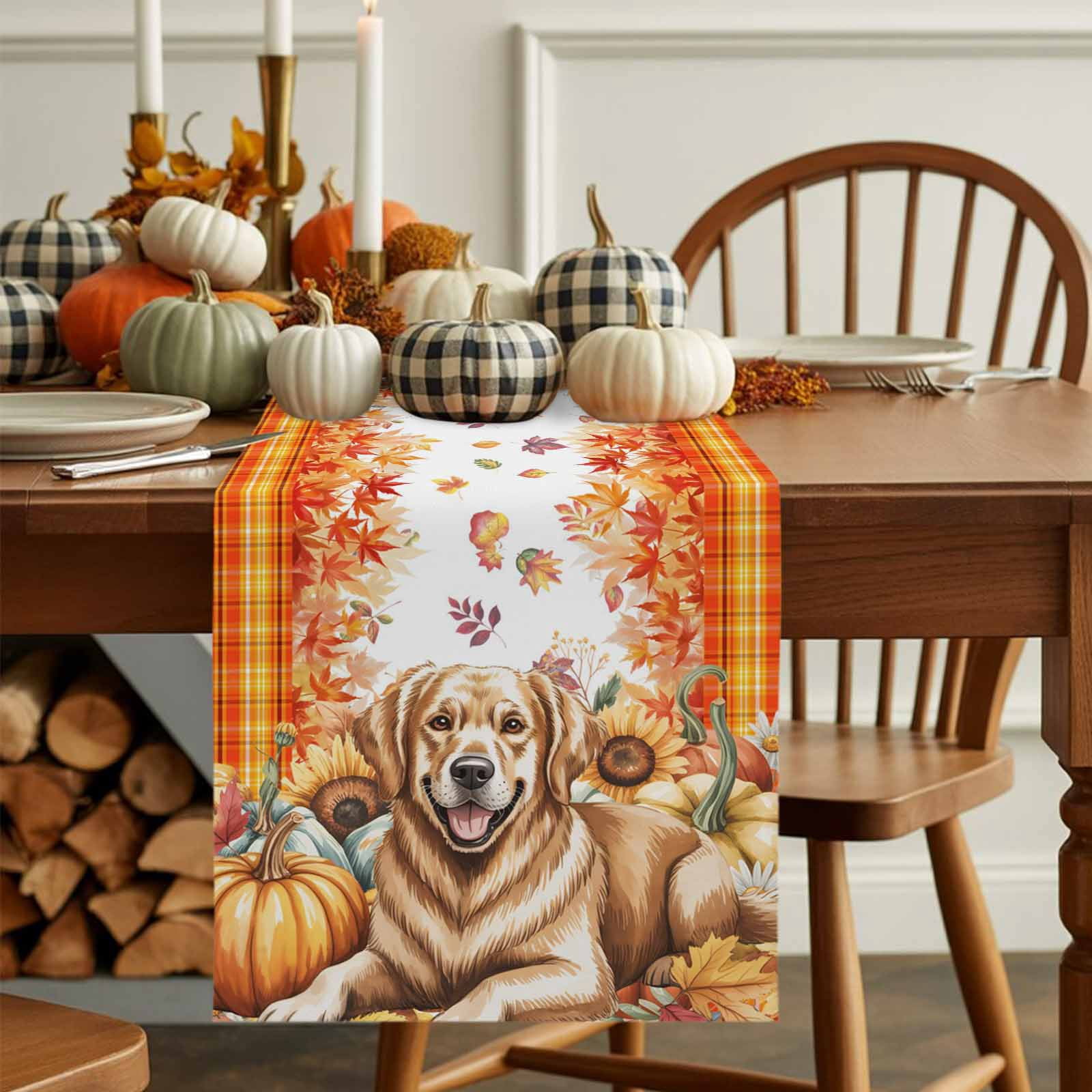 Autumn Farm Dog Orange Plaid Table Runner 13x90in Non-Slip Cotton Linen ...