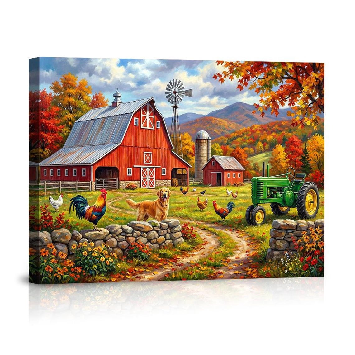 Autumn Farm Scene With Red Barn Golden Retriever And Tractor ...
