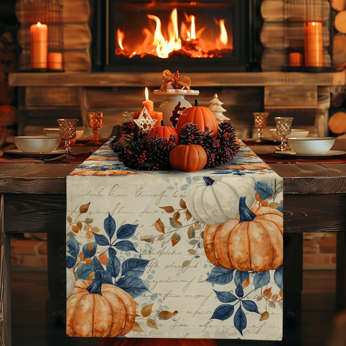 Autumn Farm Watercolor Pumpkin Table Runners Dresser Table r Reusable ...