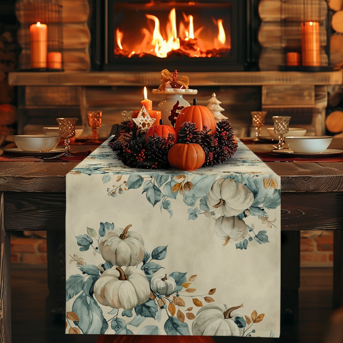 Autumn Farm Watercolor Pumpkin Table Runners Dresser Table r Reusable ...