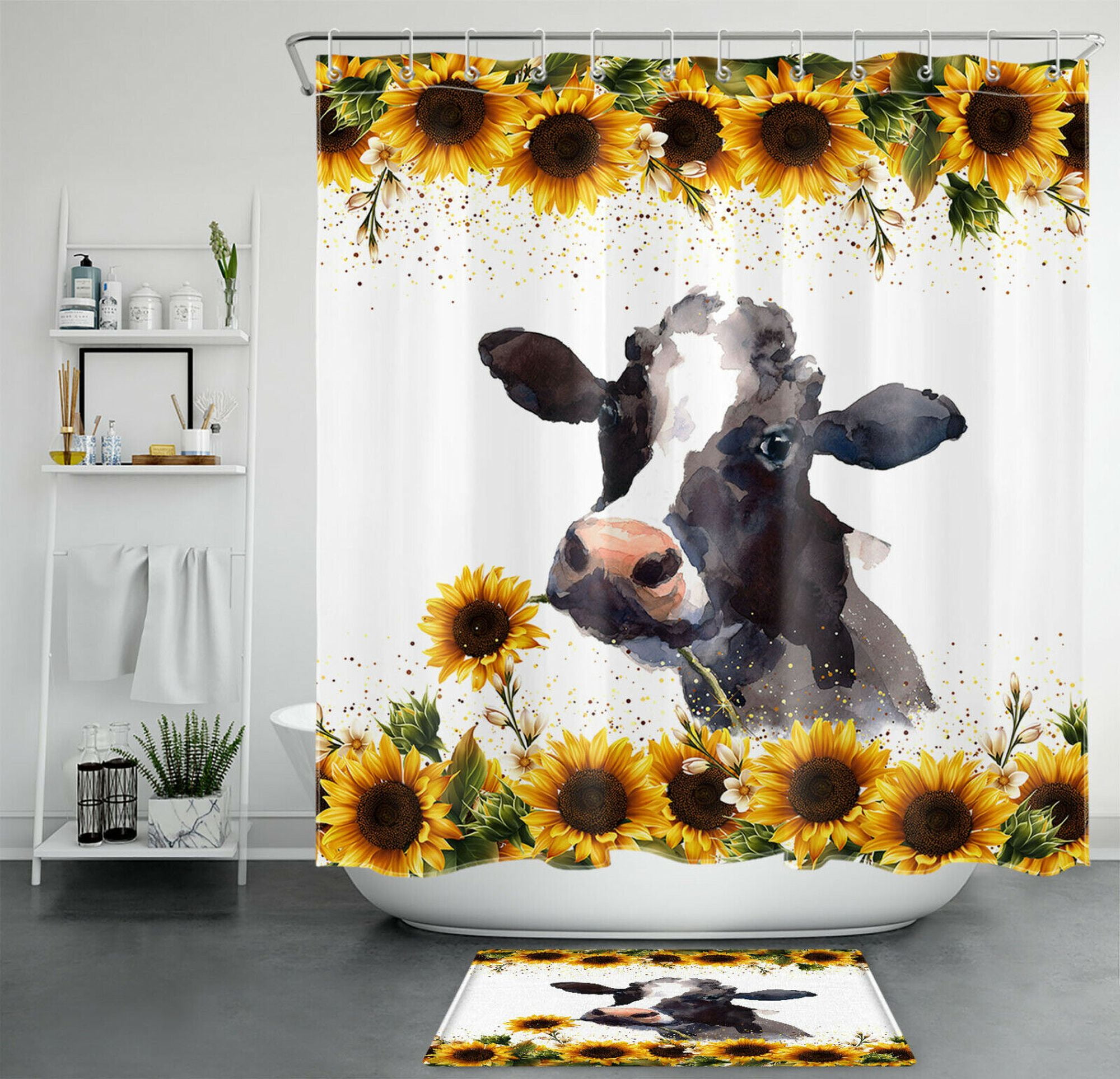 Autumn Farmhouse Cow Shower Curtain with Sunflowers - Funny Bathroom ...