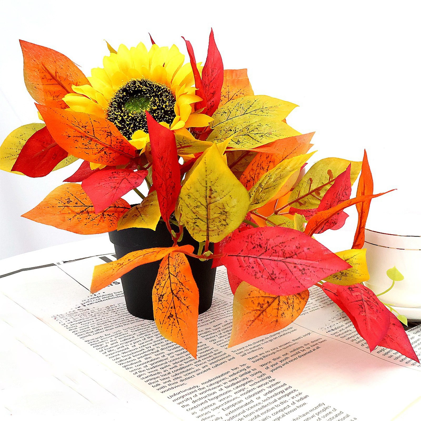 Autumn Faux Sunflower Potted Arrangement | Three-Color Fall Leaves ...