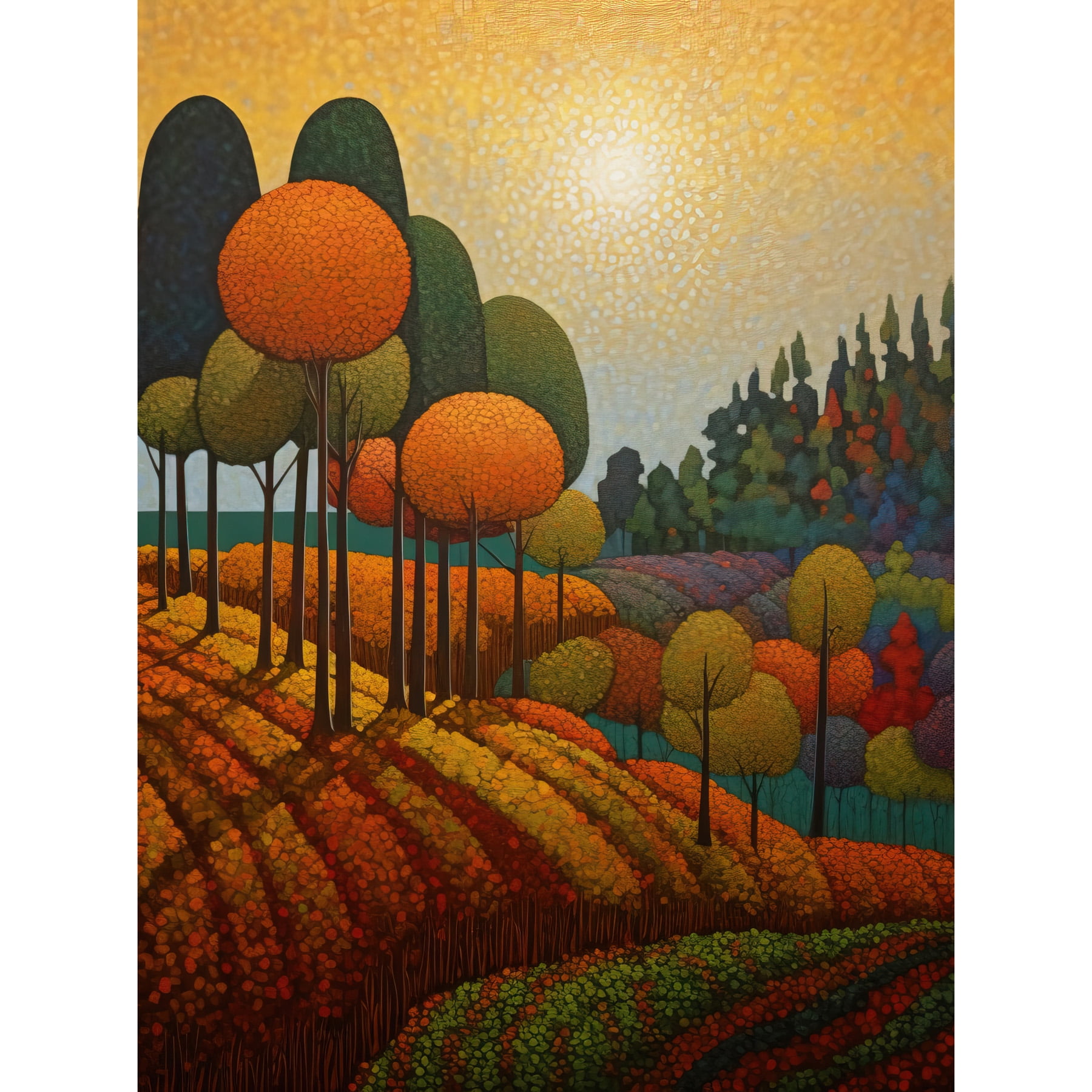 Autumn Fields Pointillism Painting Amber Orange Green Countryside ...