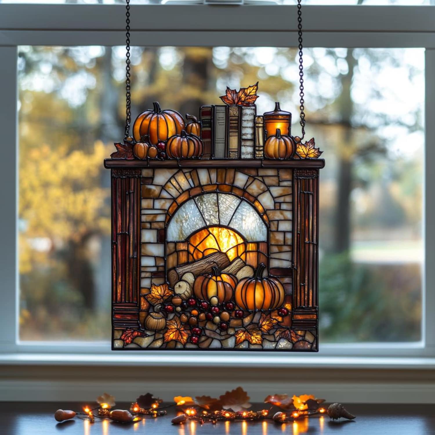 Autumn Fireplace Acrylic Suncatcher, Pumpkin Harvest Faux Stained Glass ...