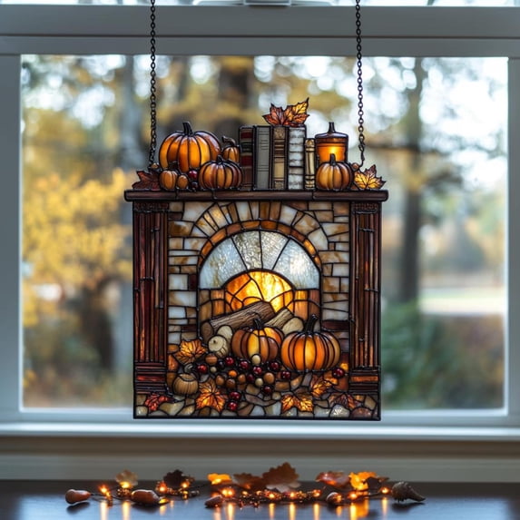 Autumn Fireplace Acrylic Suncatcher, Pumpkin Harvest Faux Stained Glass ...