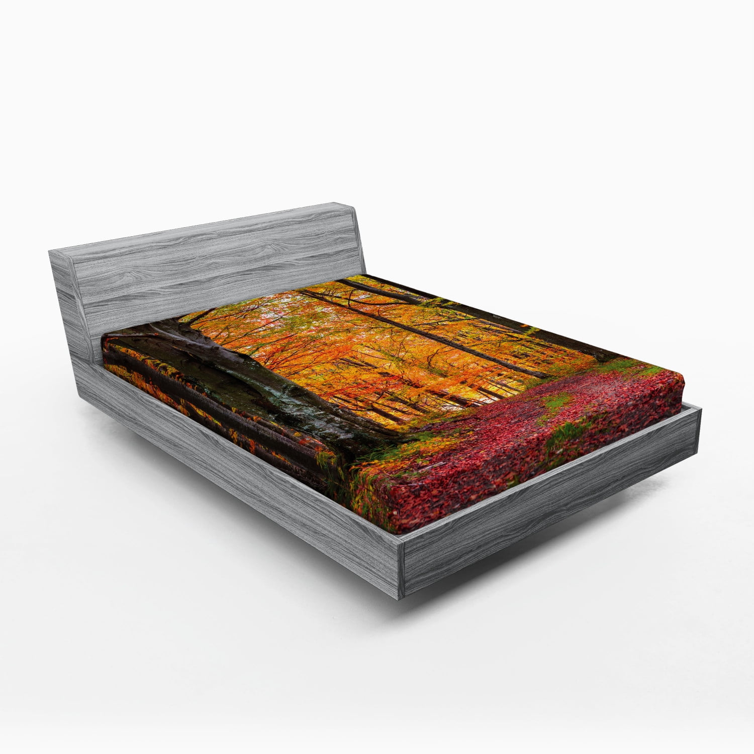 Autumn Fitted Sheet, Fall Forest Shady Deciduous Trees and Faded Leaf ...