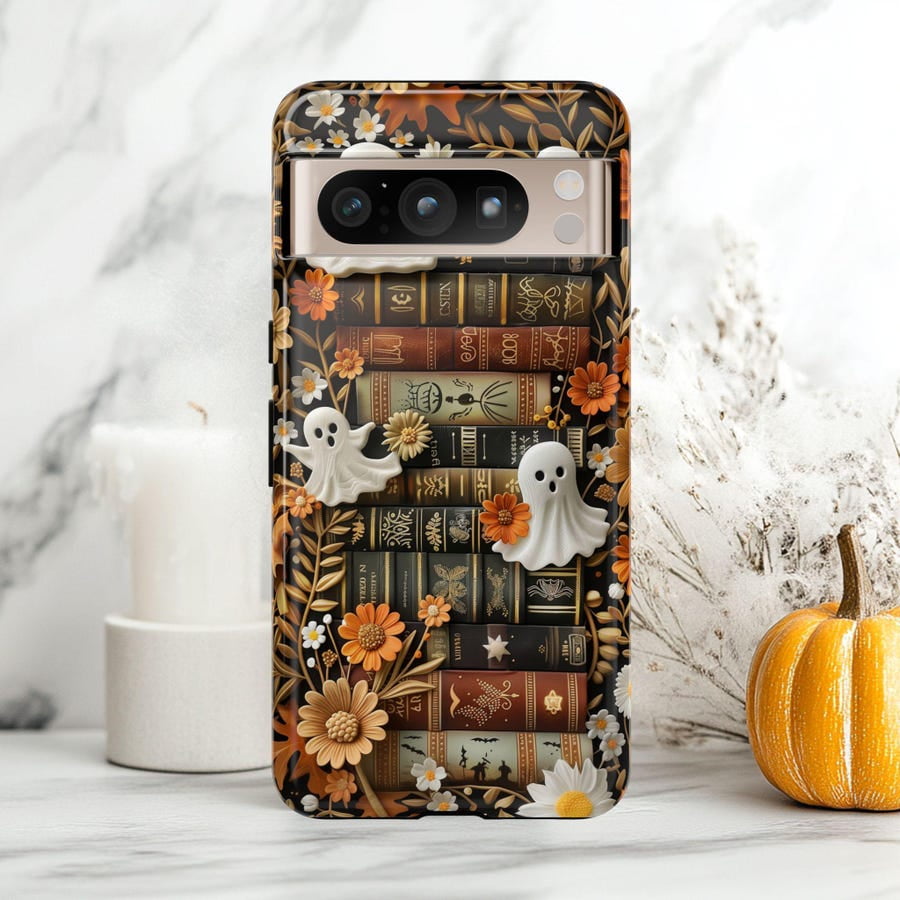 Autumn Floral Ghost and Book Stack Library Phone Case 11 12 13 14 15 16 ...