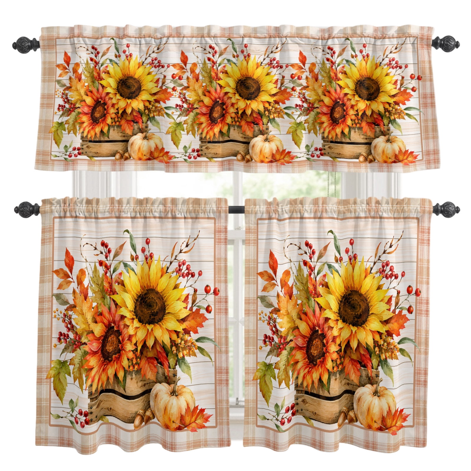 Autumn Floral Kitchen Curtains and Valances Set, Thanksgiving Botanical ...