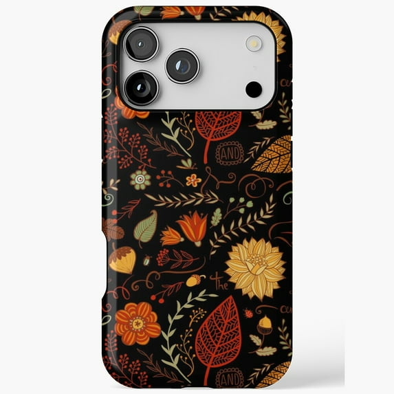 Autumn Floral Leaf Design On Black Background iPhone 11 through 17 Pro ...