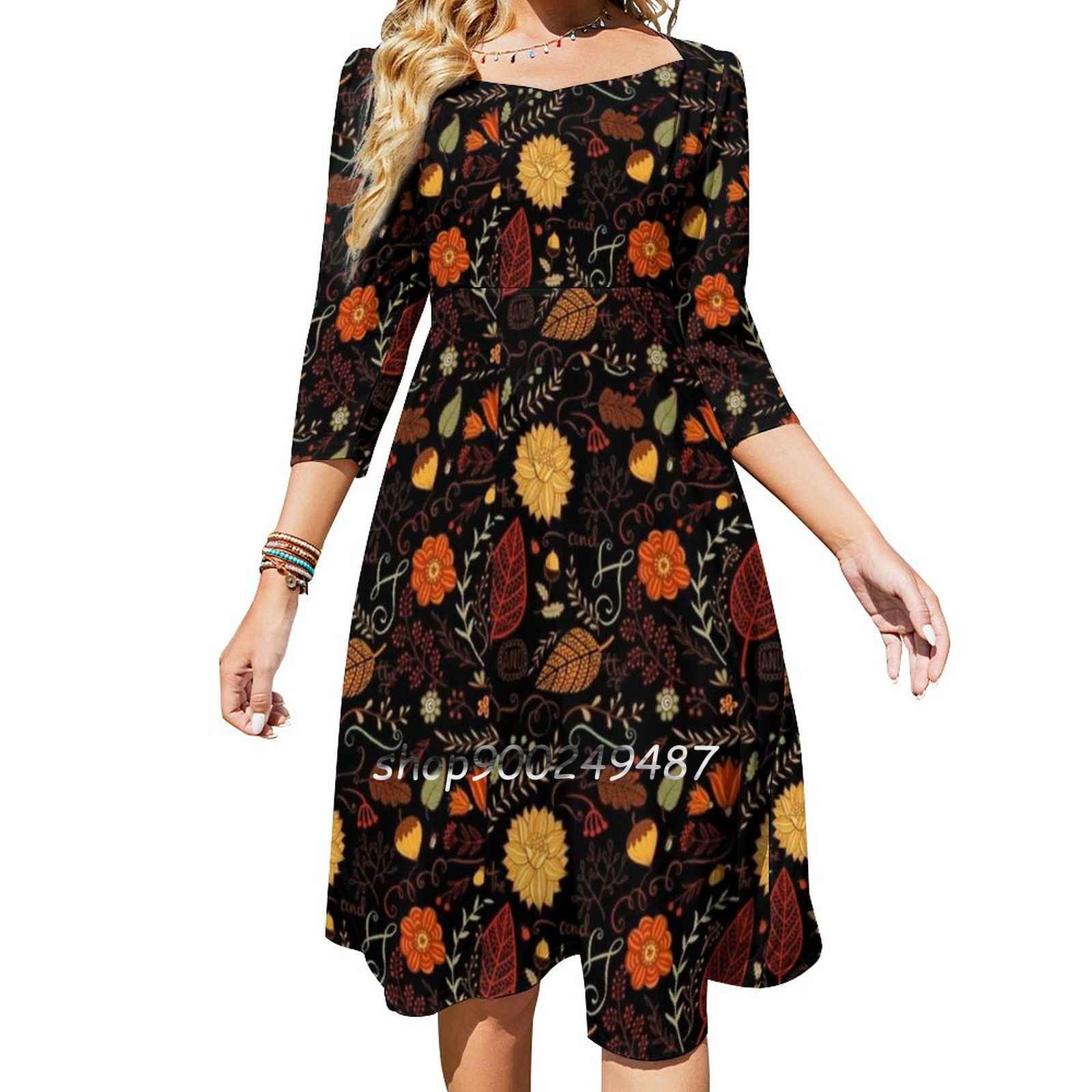 Autumn Floral / Leaf Design On Black Sweet Elegant Dress Women Korean ...
