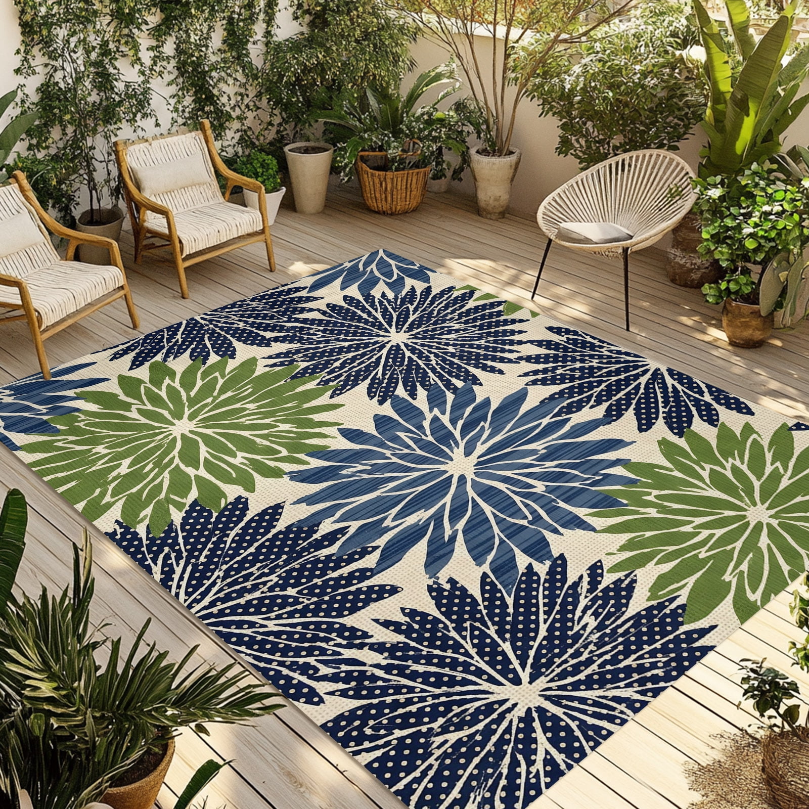 Autumn Floral Outdoor Rug, Boho Green Navy Blue Chrysanthemum Non-Slip ...
