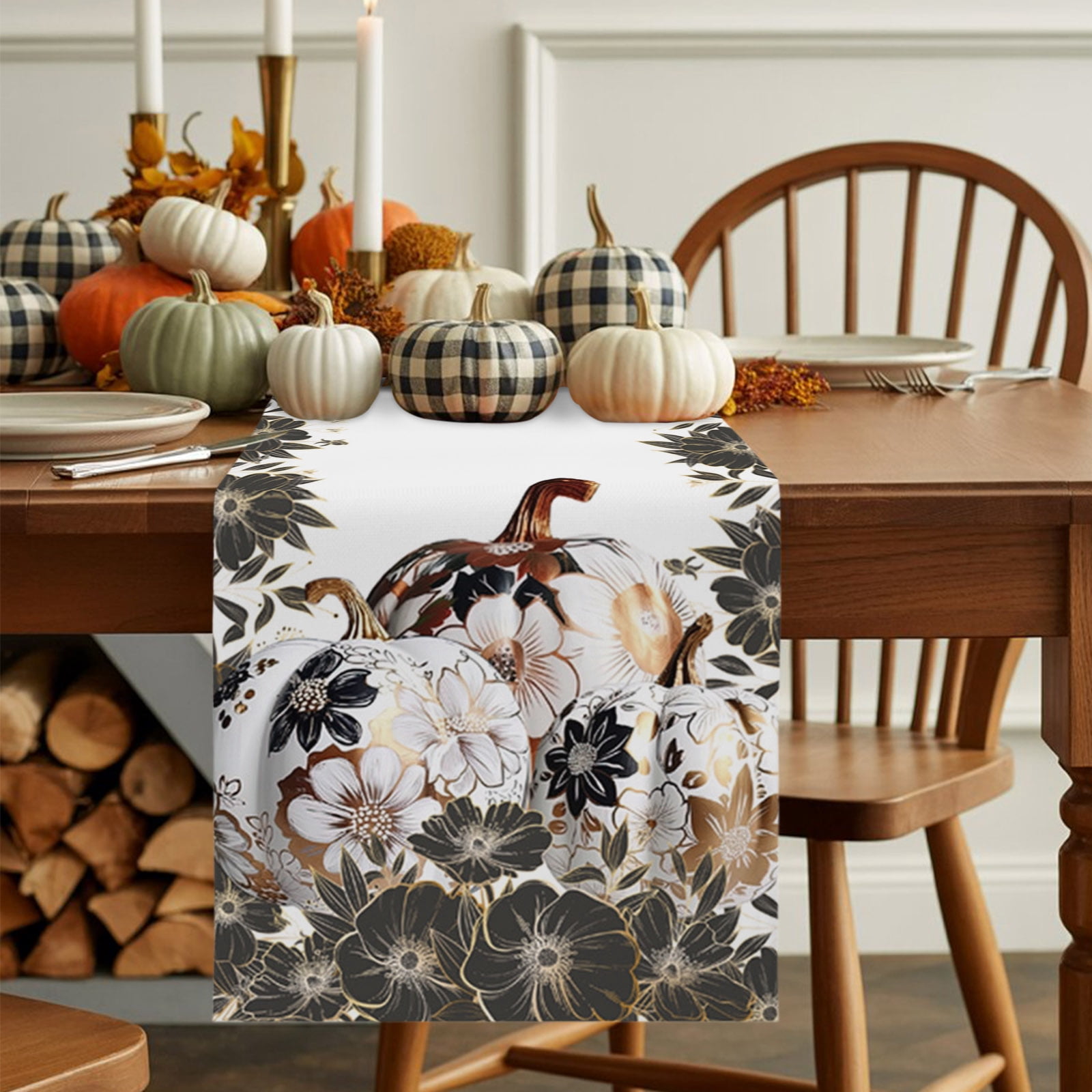 Autumn Floral Painting Pumpkin Table Runner 13x72in Non-Slip Cotton ...