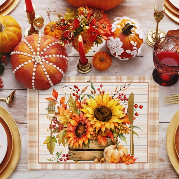 Autumn Floral Placemats Set of 1, Thanksgiving Botanical Sunflowers ...
