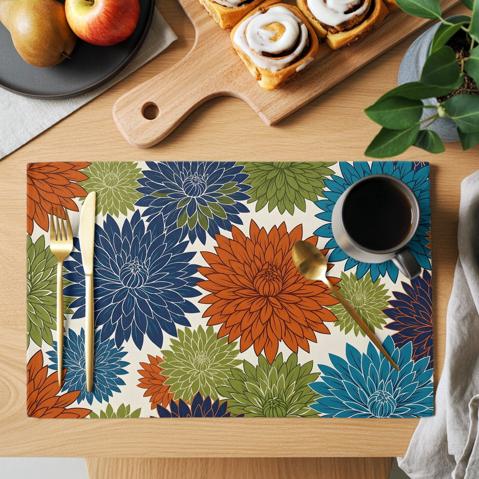 Autumn Floral Placemats Set of 6, Boho Orange Green Blue Chrysanthemum ...