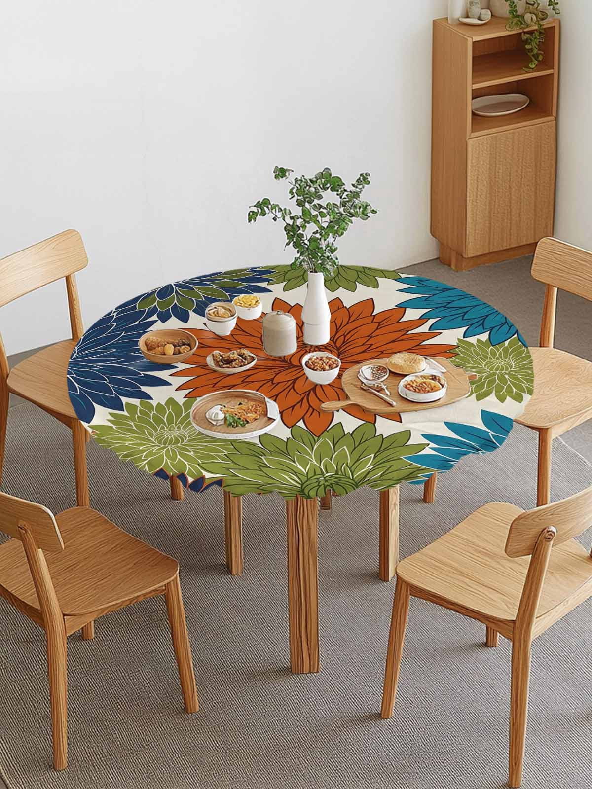Autumn Floral Round Fitted Tablecloth with Elastic Edge, Boho Orange ...