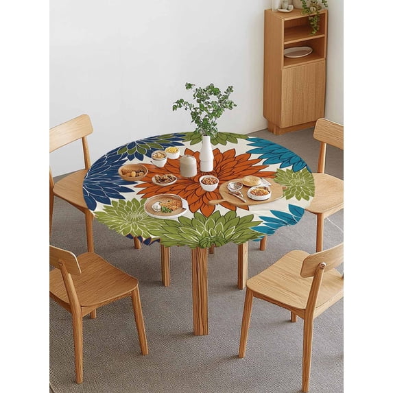 Autumn Floral Round Fitted Tablecloth with Elastic Edge, Boho Orange ...