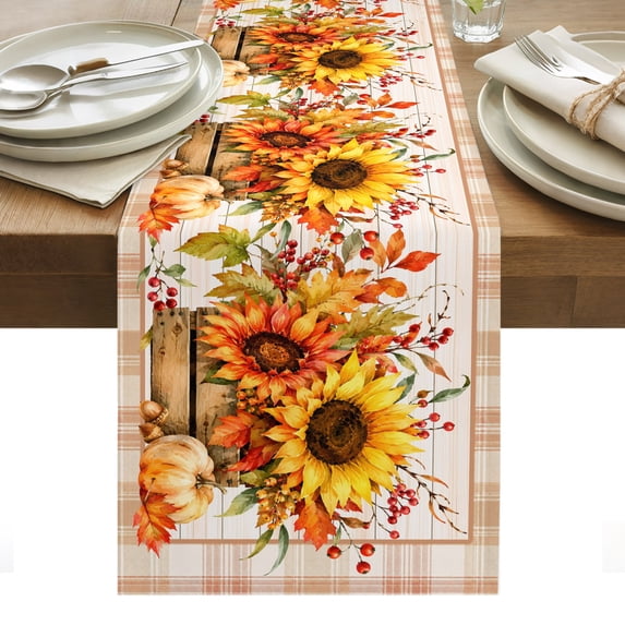 Autumn Floral Table Runner, Thanksgiving Botanical Sunflowers Maple ...