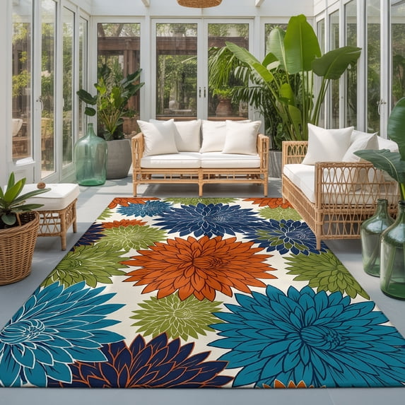 Autumn Floral Washable Living Room Rugs 8'x10', Boho Orange Green Blue ...