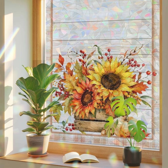 Autumn Floral Window Privacy Film, Thanksgiving Botanical Sunflowers ...