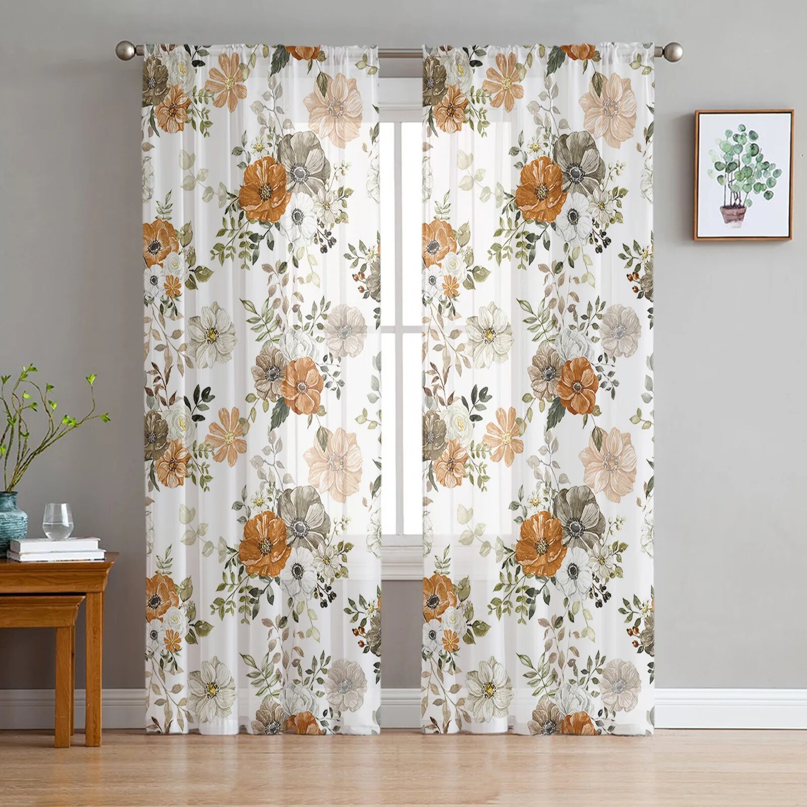 Autumn Flowers Eucalyptus Leaves Pumpkin Tulle Window Treatment Sheer ...