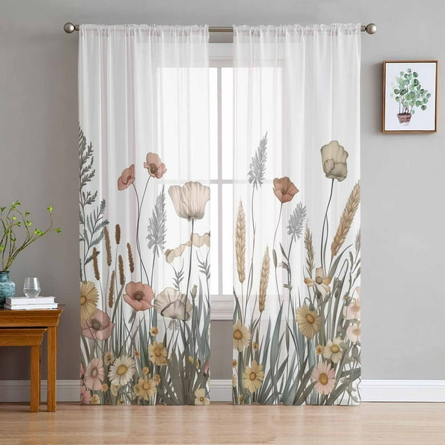 Autumn Flowers Plant Window Tulle Curtains for Living Room Kitchen ...
