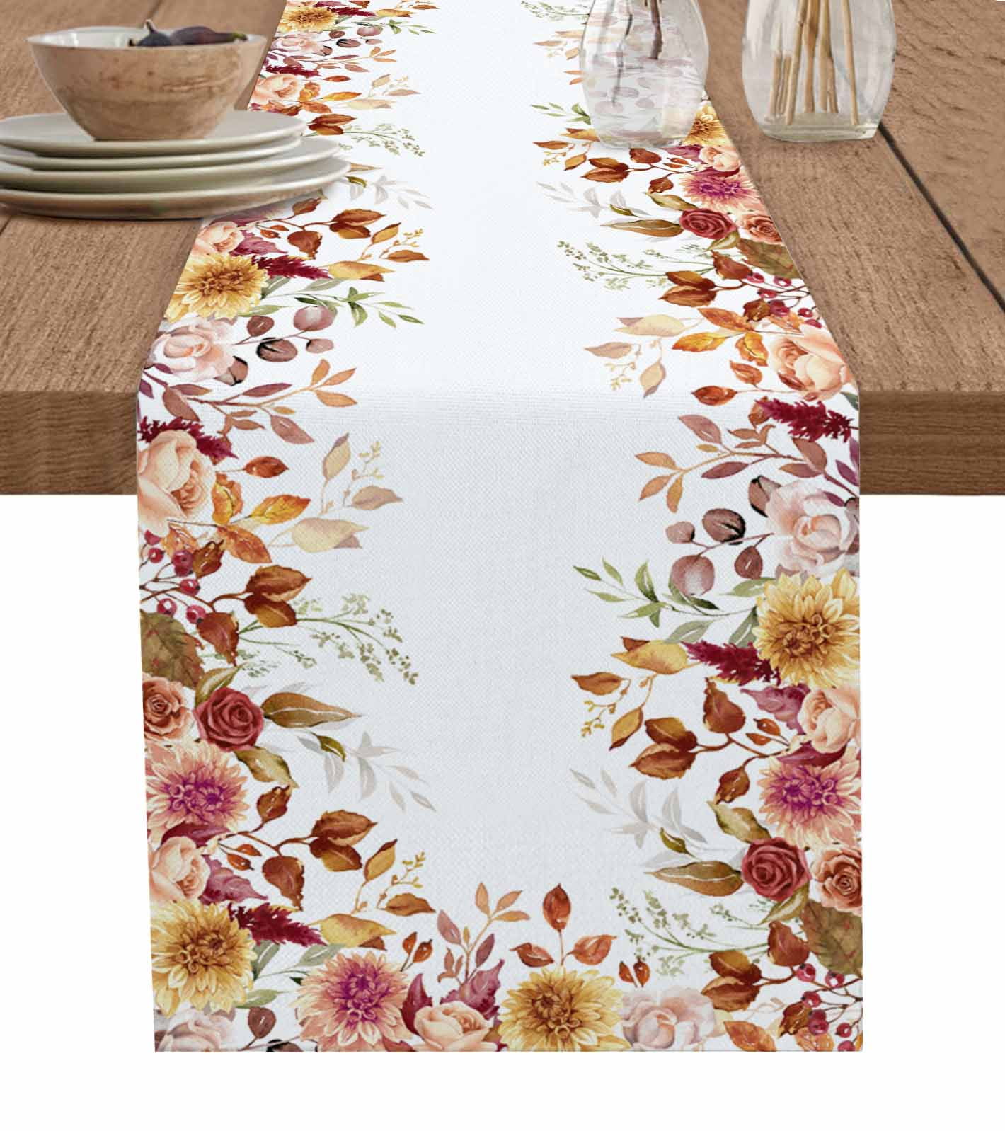 Autumn Flowers Plants Eucalyptus Leaves Table Runners Holiday Kitchen ...