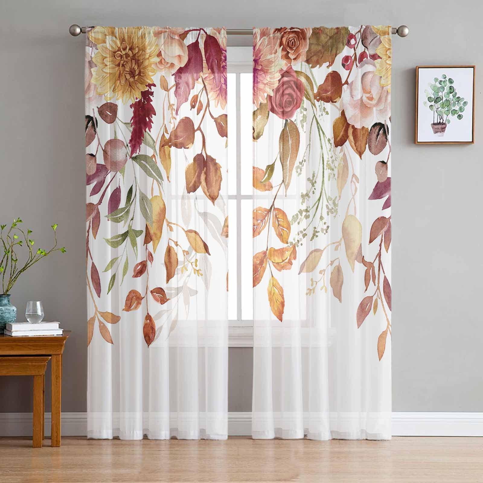 Autumn Flowers Plants Eucalyptus Leaves Tulle Curtains for Living Room ...
