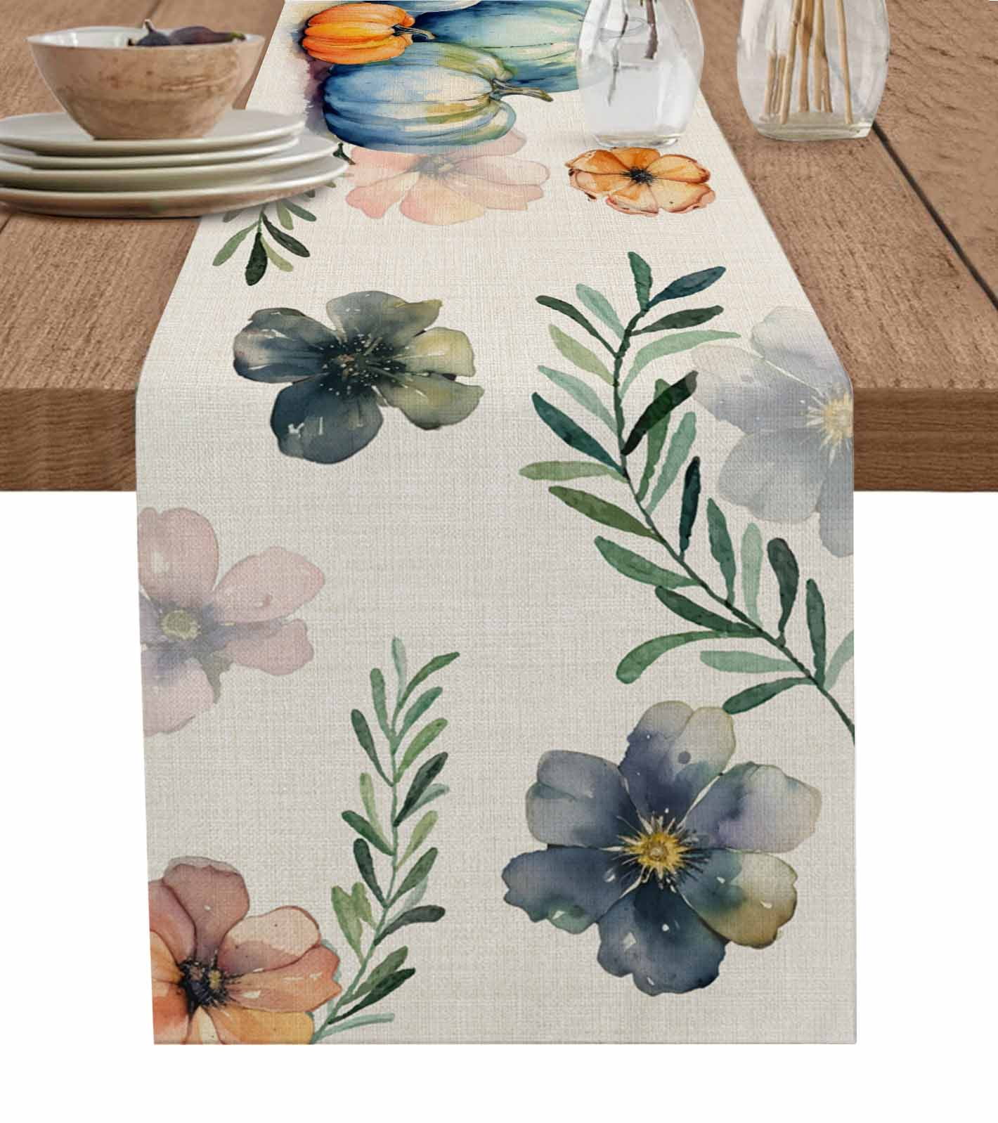 Autumn Flowers Pumpkin Table Runners Holiday Kitchen Table r Cotton ...