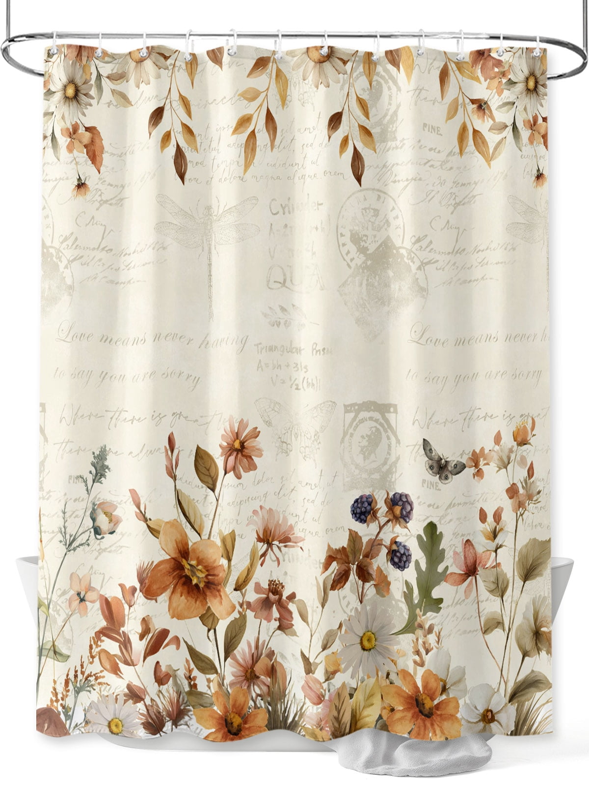 Autumn Flowers Shower Curtain 72"W x 96"L Vintage Leaf Branch Letter ...