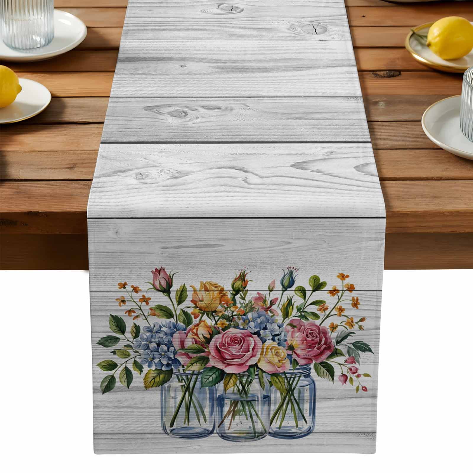Autumn Flowers Table Runner, Watercolor Pink Rose Leaf Bottle Wood ...