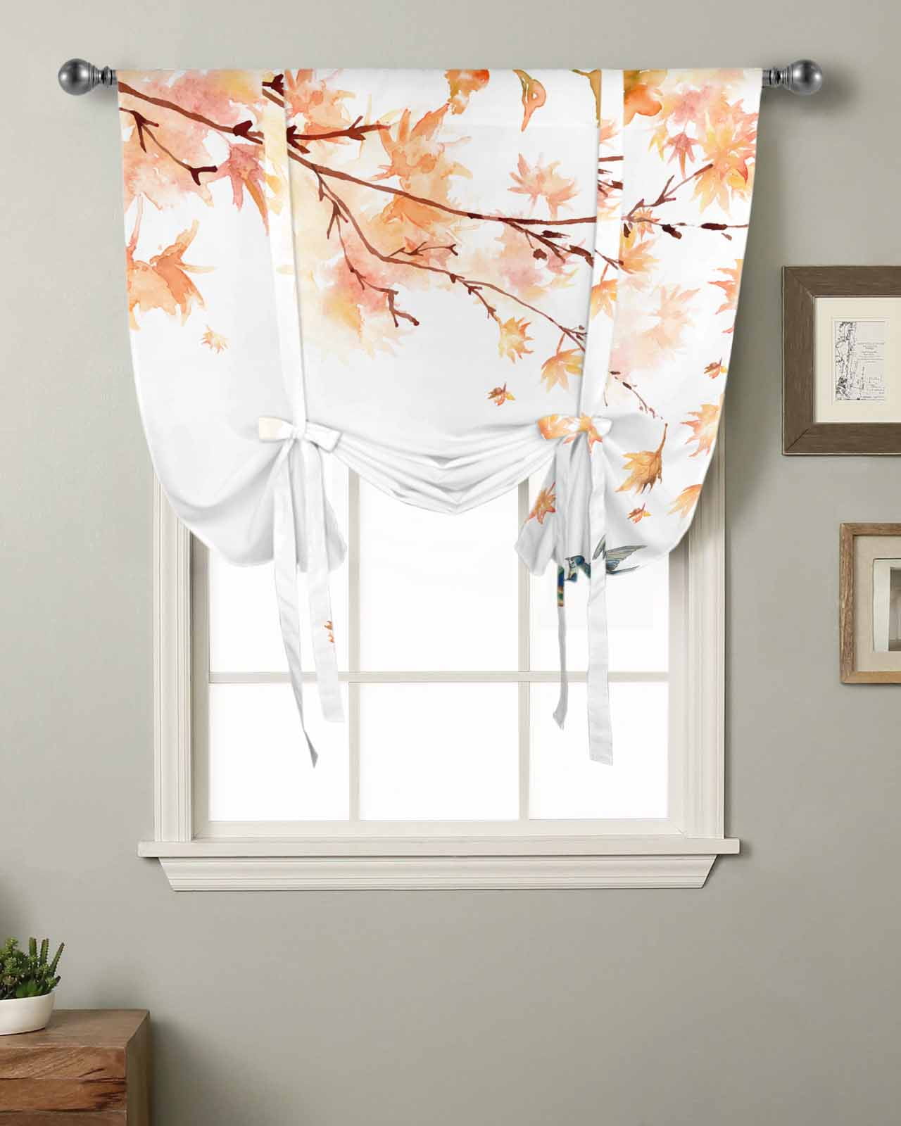Autumn Flowers Tree Branches Kitchen Short Window Curtain Rod Pocket ...