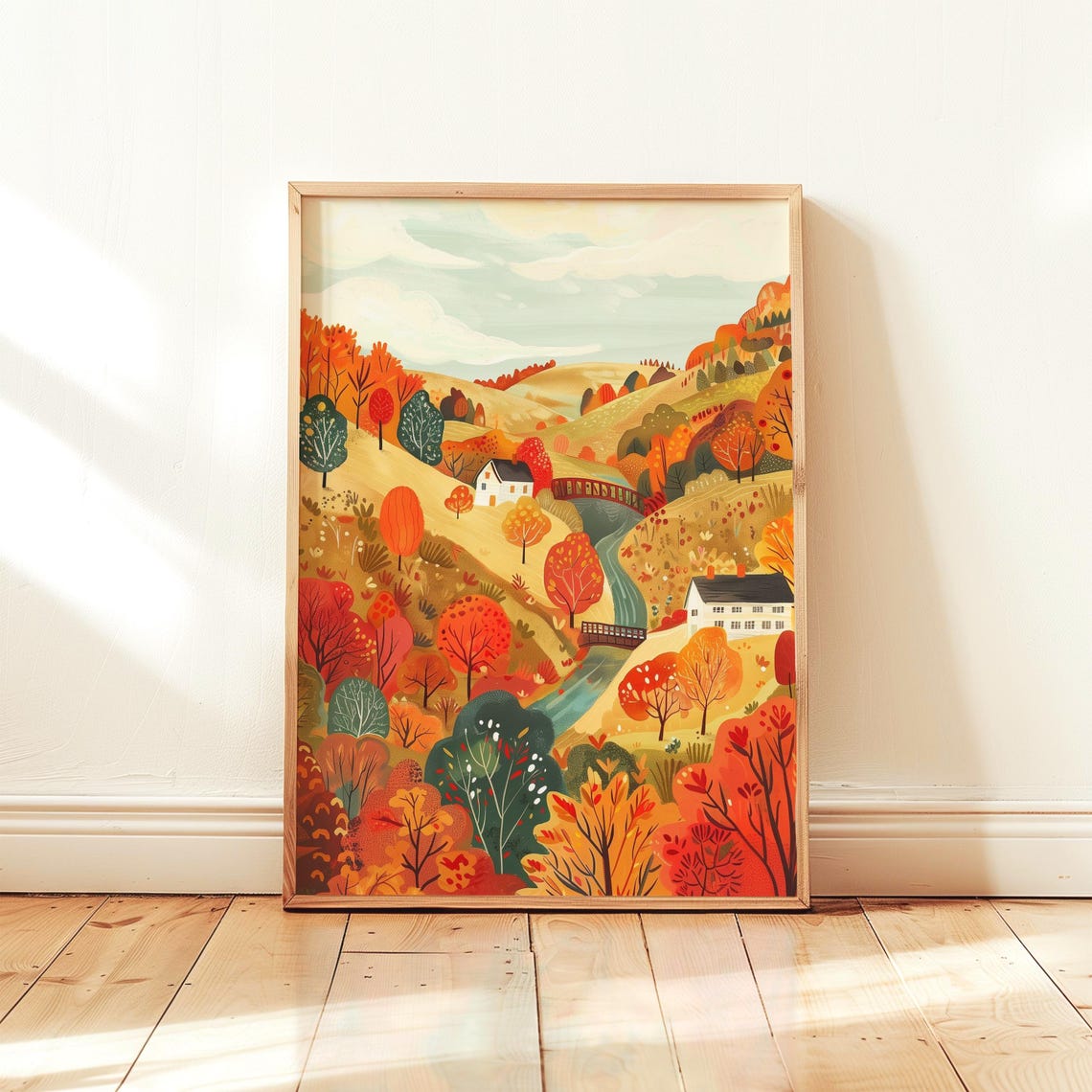 Autumn Folk Art Landscape With Rolling Hills, New England Fall Scene ...