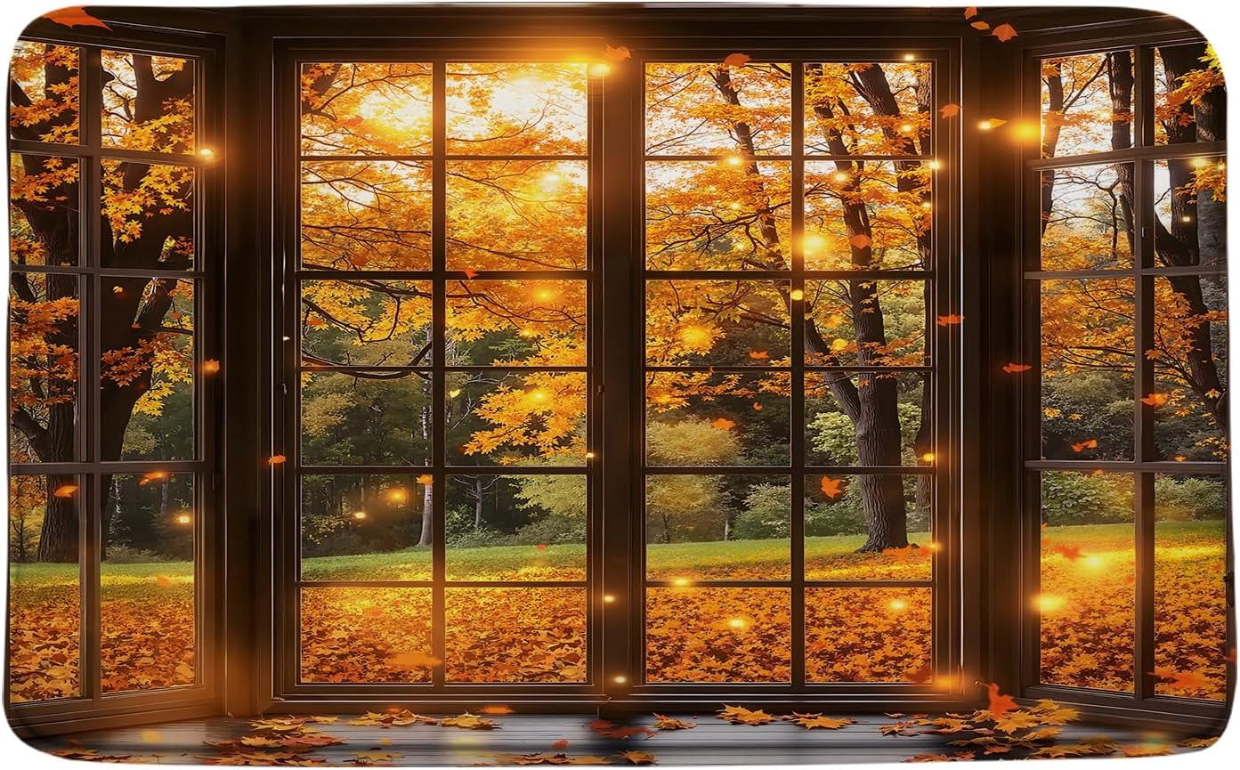 Autumn Forest Bath Mat Window View Design Bathroom Decor Rug 16x24 Inch ...