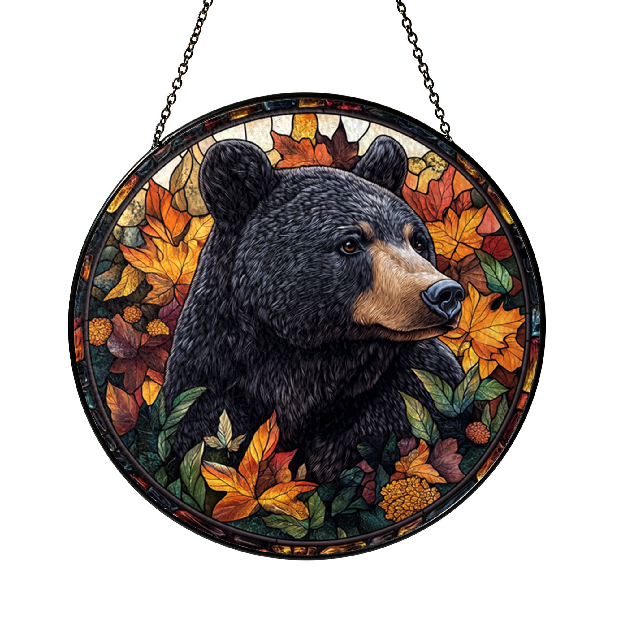 Autumn Forest Bear Scene Stained Glass Window Hanging, Decorative ...