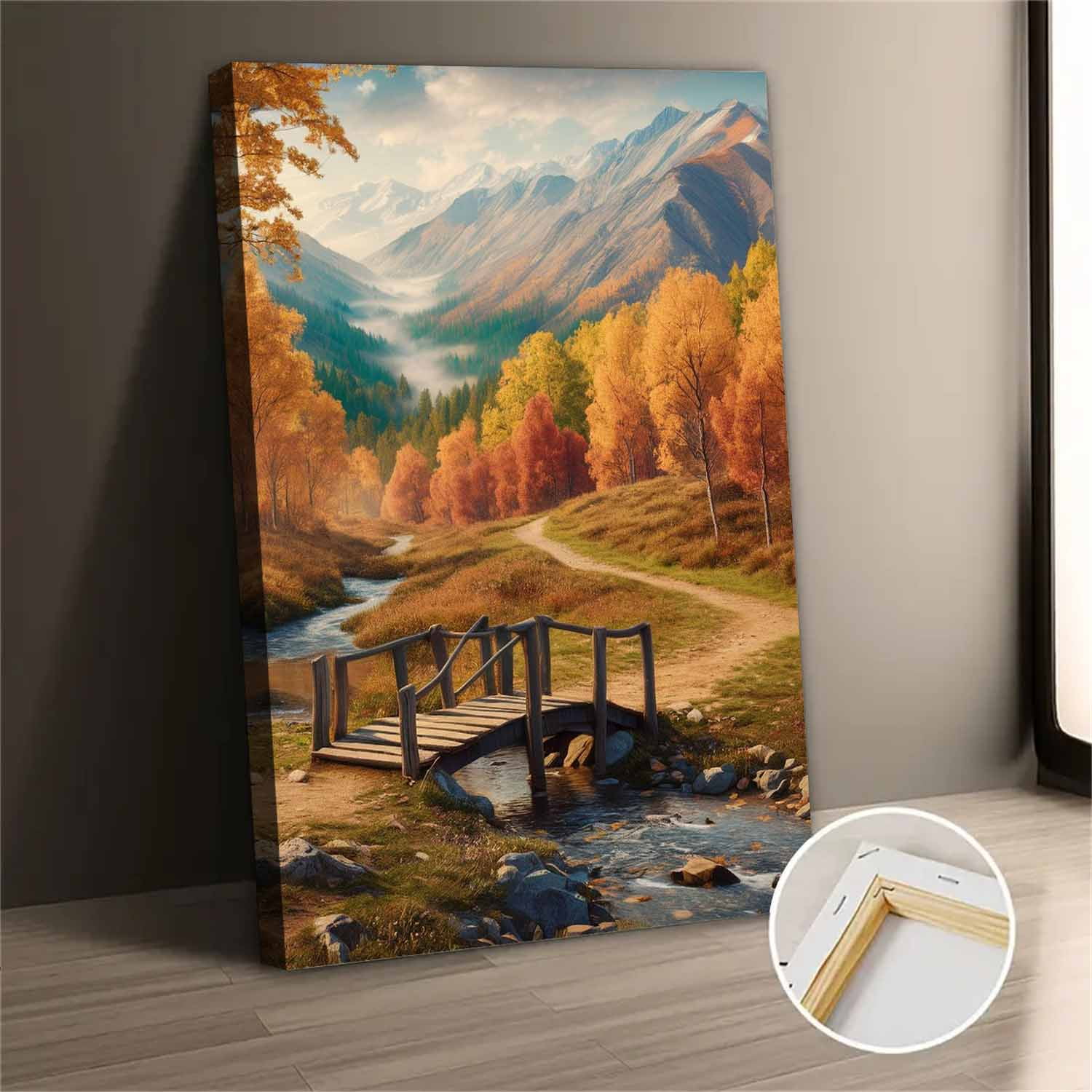 Autumn Forest Bridge Canvas Wall Art Print For Living Room Bedroom ...