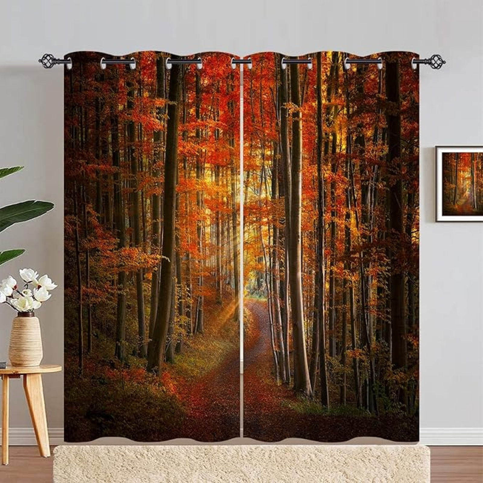 Autumn Forest Curtains Grommet Light Filtering Window Drapes With Fall ...