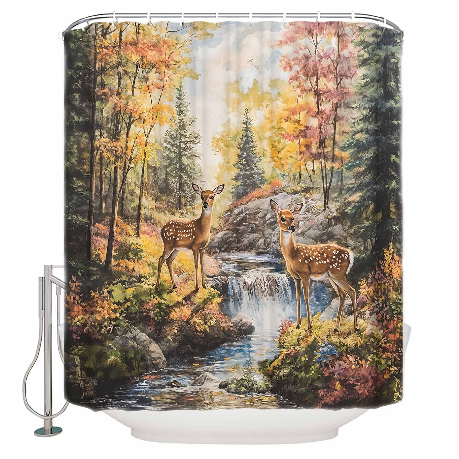 Autumn Forest Deer Bathroom Shower Curtains with 12 Hooks Polyester ...