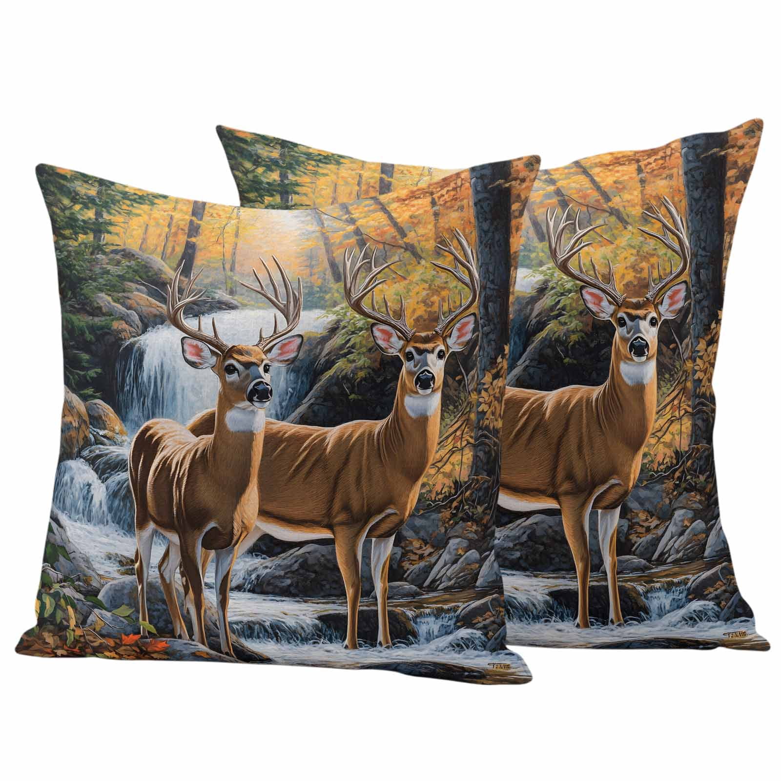 Autumn Forest Deer Outdoor Waterproof Pillow Covers, Vintage Elk River ...