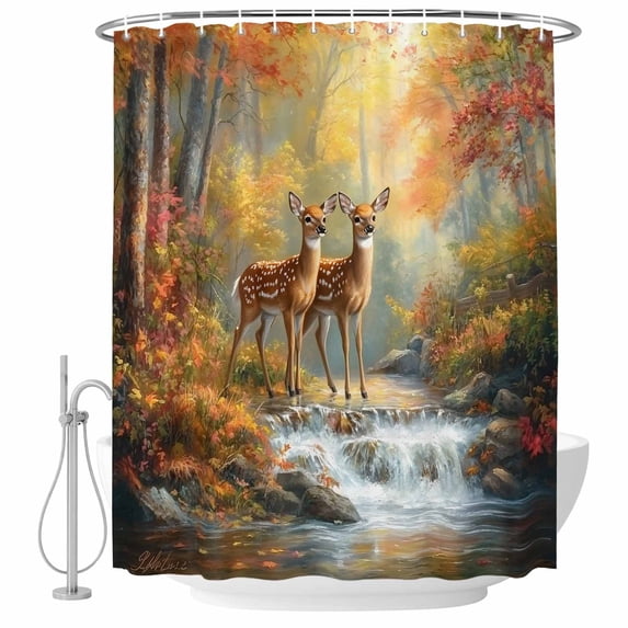 Autumn Forest Deer Shower Curtain Set - 72" x 78" Washable Bathtub ...