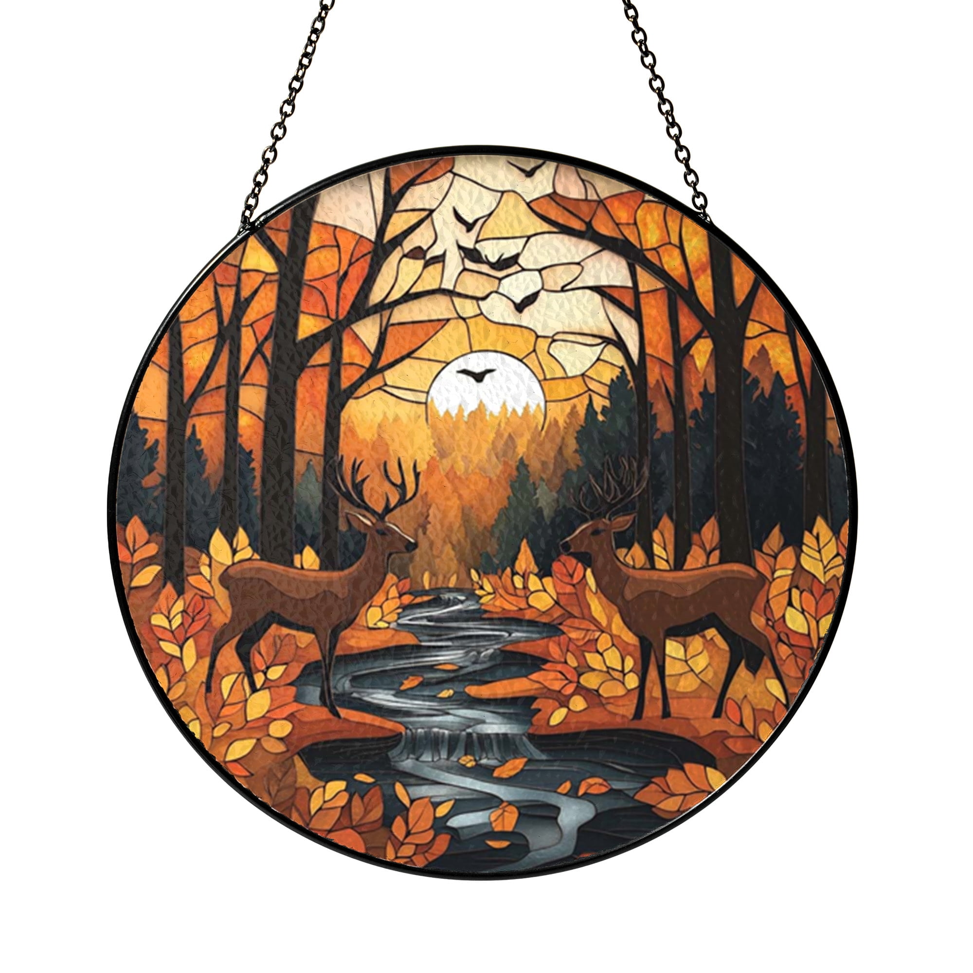 Autumn Forest Deer Stained Glass Style Suncatcher, Fantasy Wildlife ...