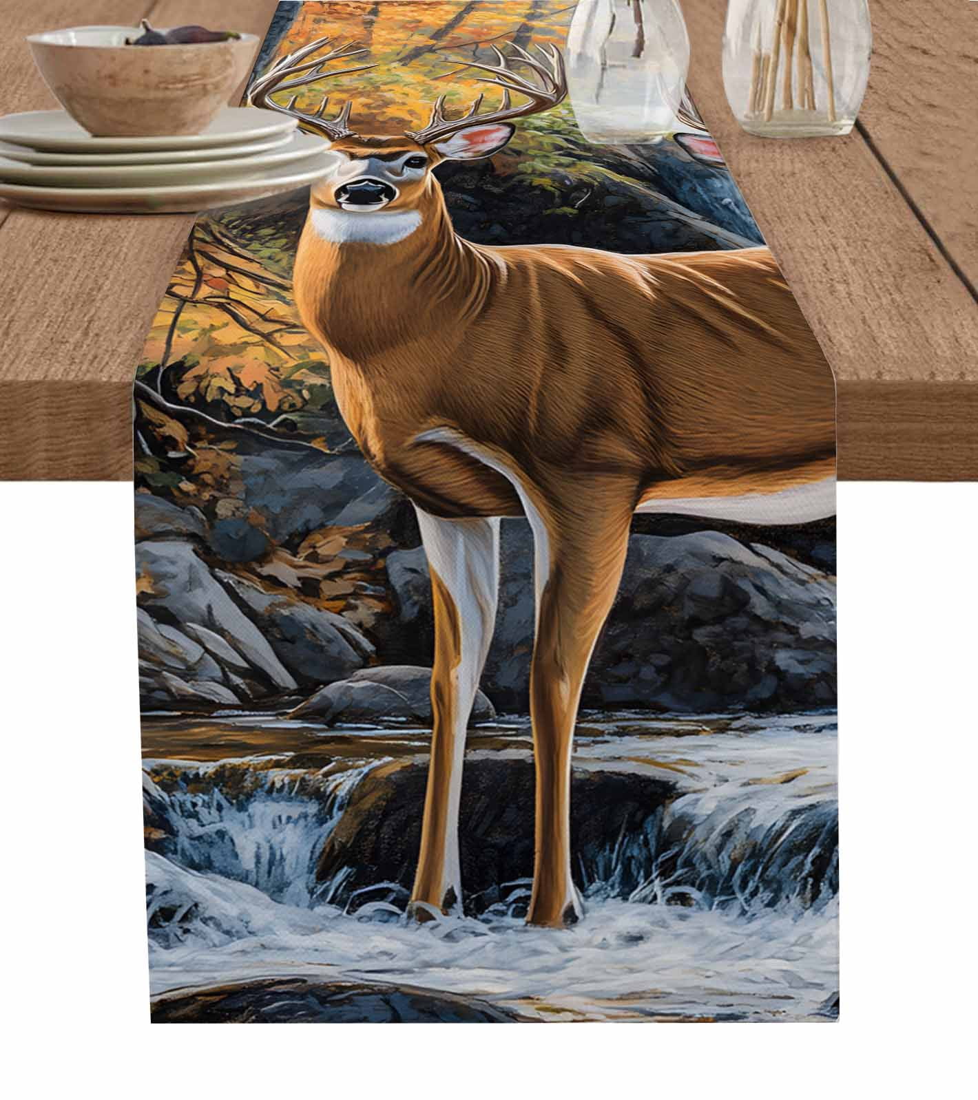 Autumn Forest Deer Table Runner 36 Inches, Vintage Elk River Bed Runner ...