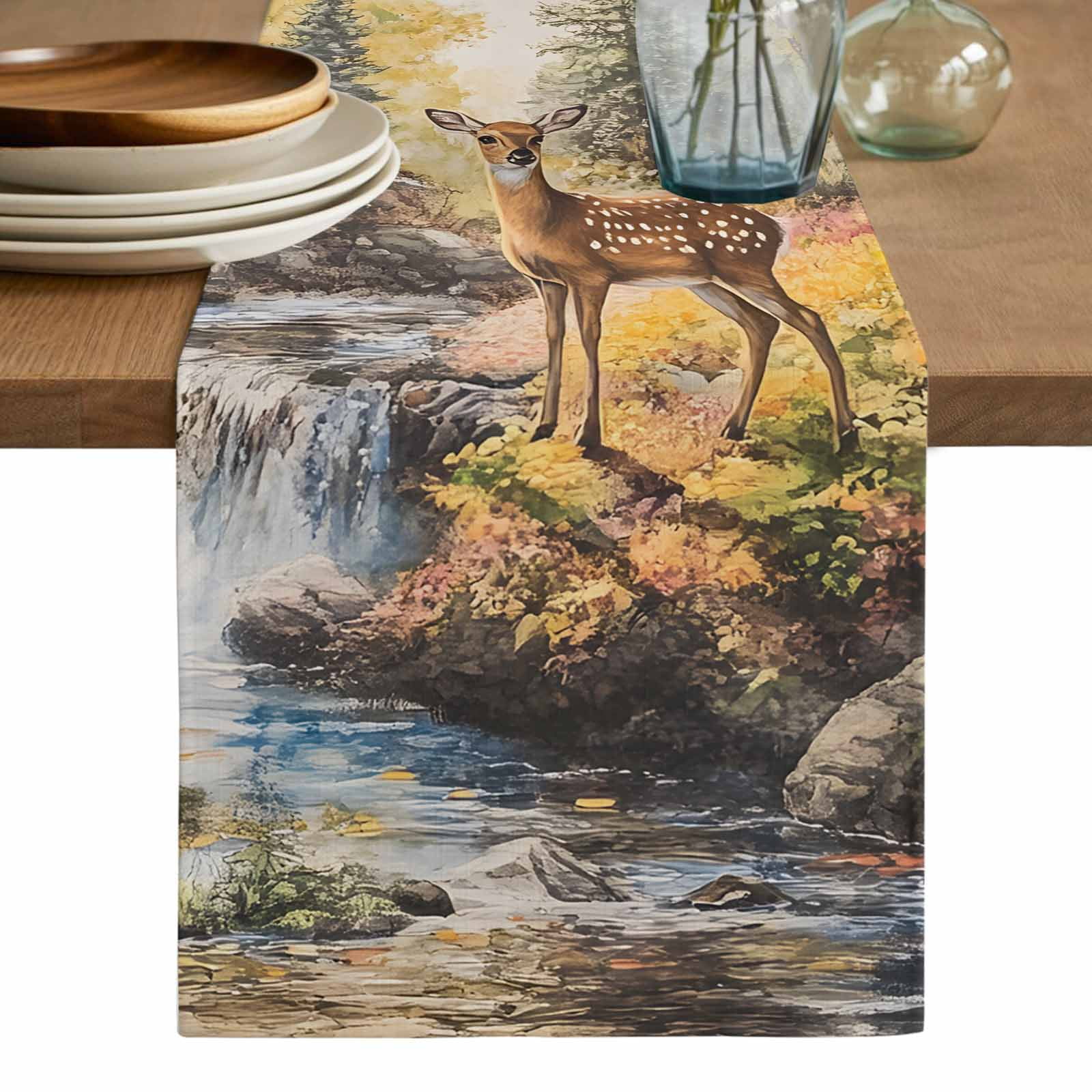 Autumn Forest Deer Table Runner, Elk River Mountain Washable Cotton ...