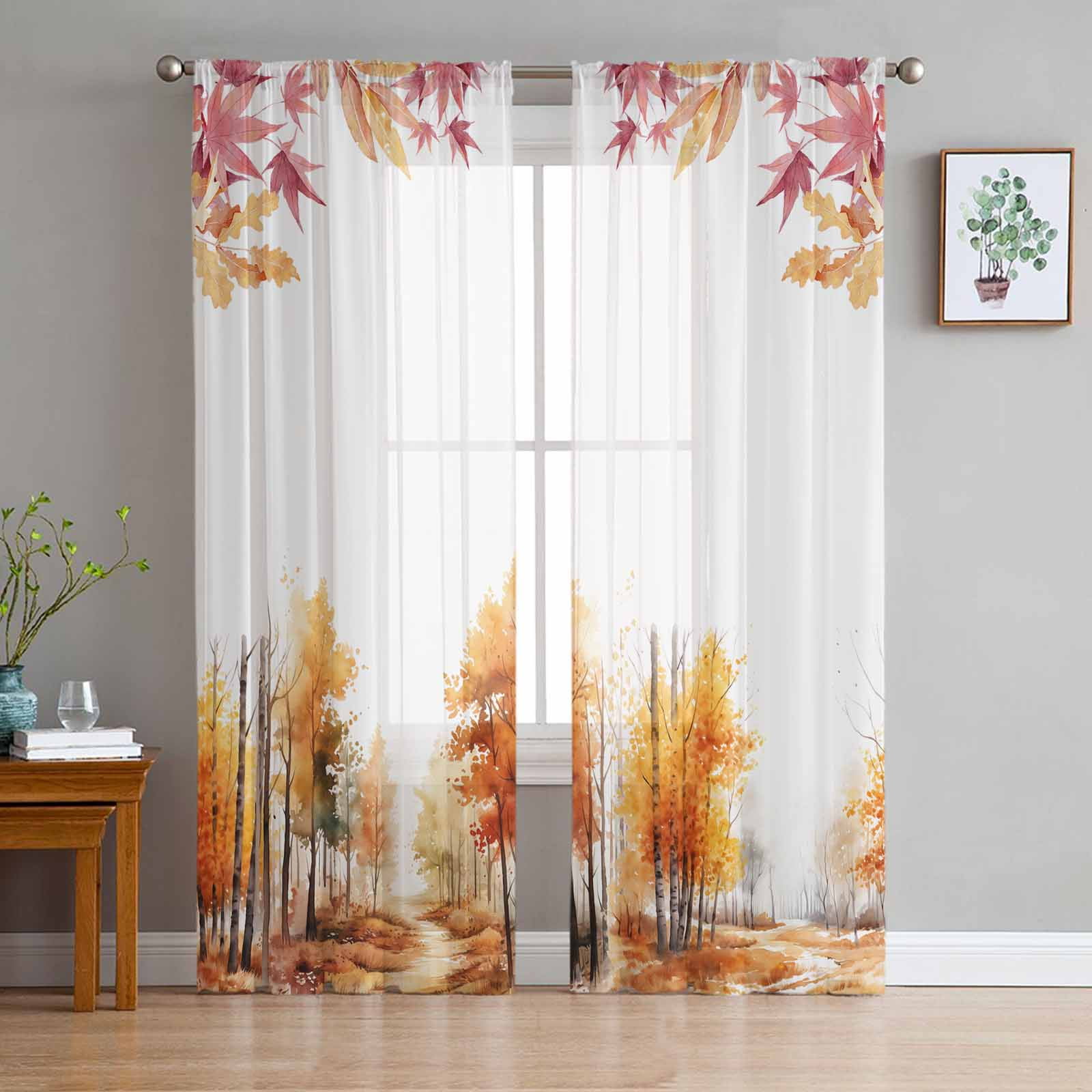 Autumn Forest Leaves Chiffon Sheer Curtains for Living Room Bedroom r ...