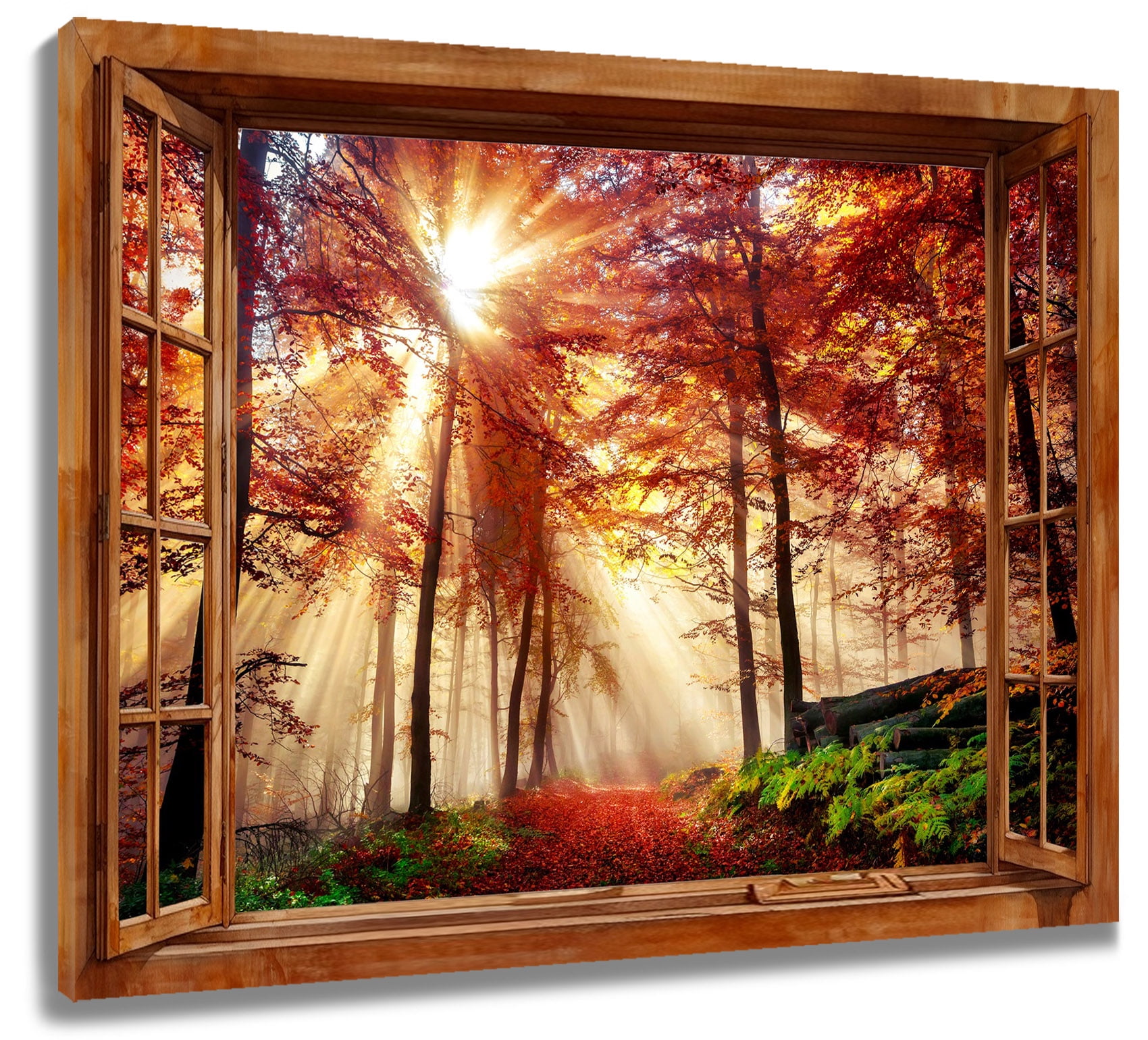Autumn Forest Maple Leaves Canvas Wall Art Window View Yellow Fall Tree ...