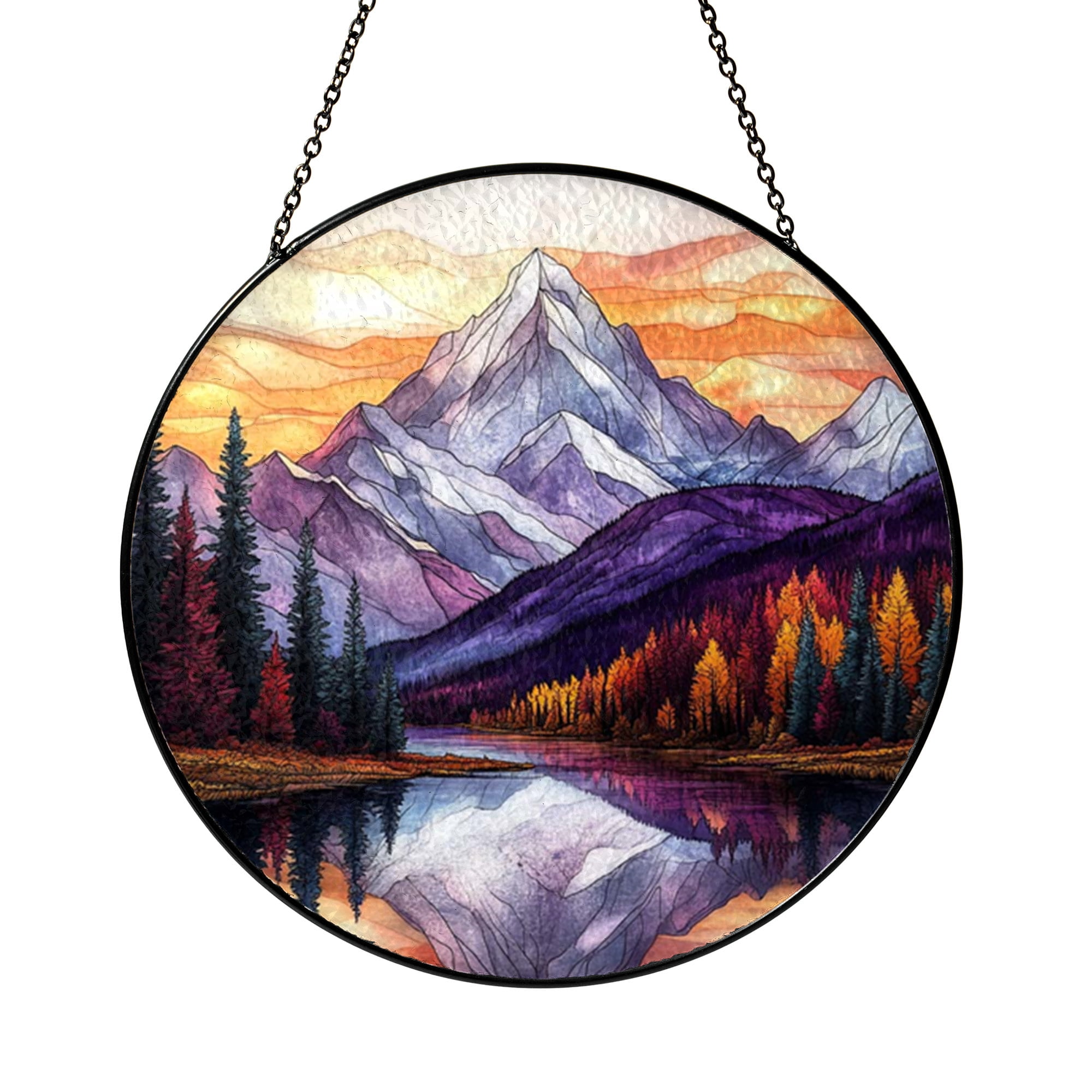 Autumn Forest Mountain Lake Stained Glass Window Hanging, Scenic ...