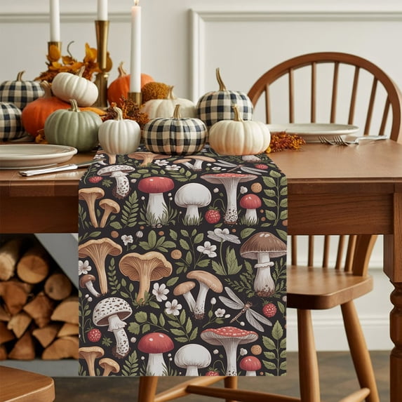 Autumn Forest Mushroom Leaf Table Runner 13x70in Non-Slip Cotton Linen ...