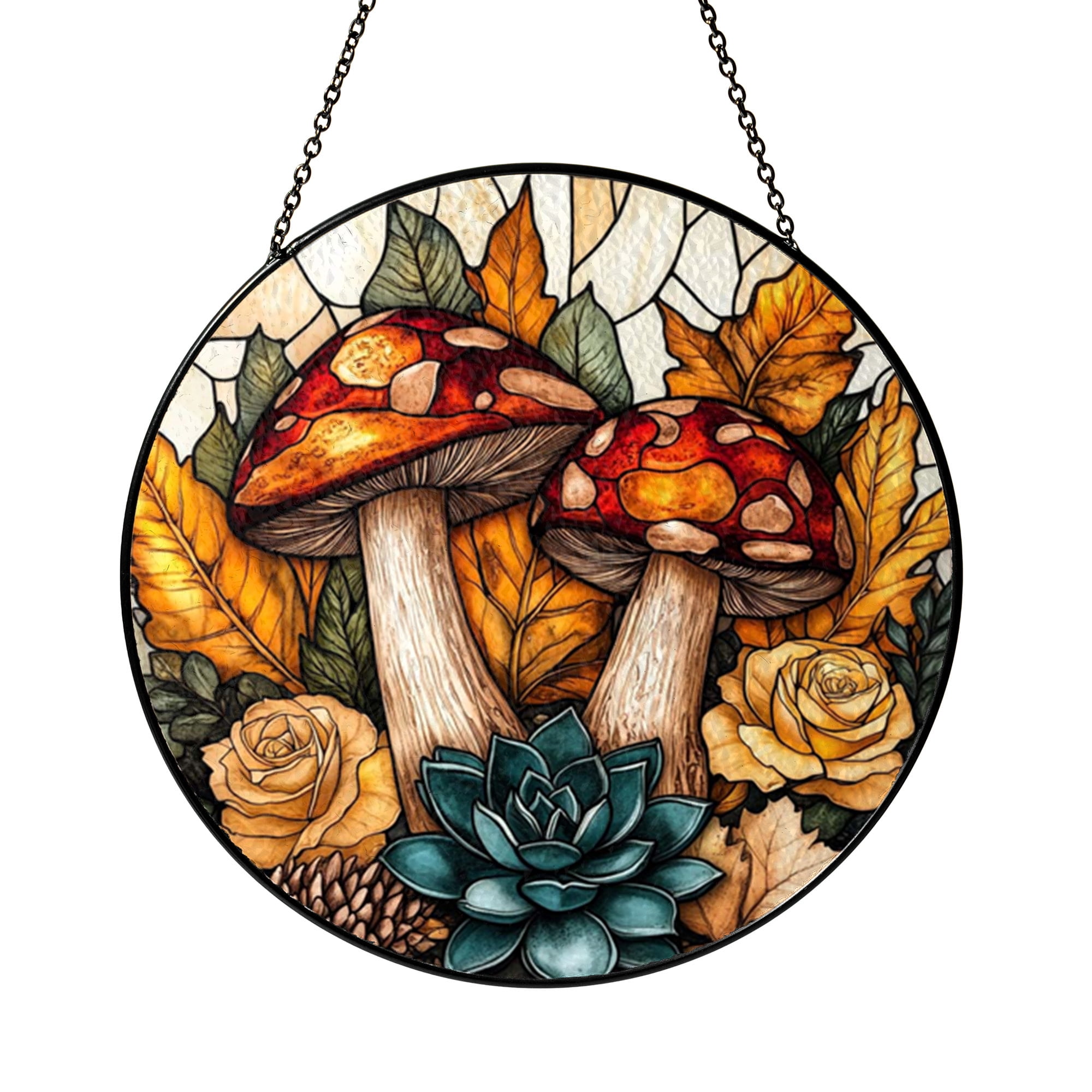 Autumn Forest Mushrooms and Maple Leaves Stained Glass Style Window ...