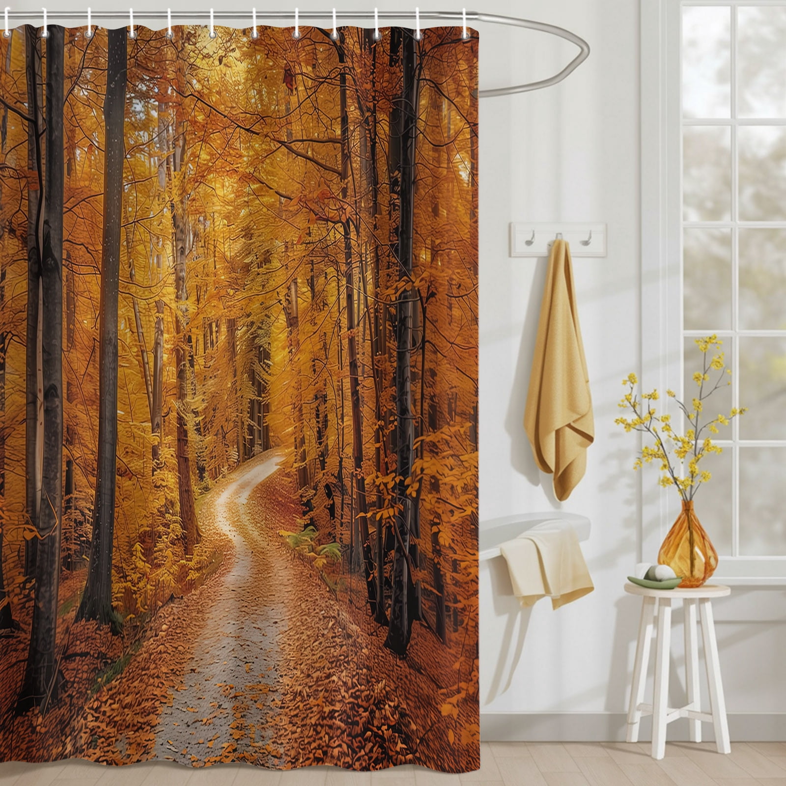 Autumn Forest Orange Fallen Leaves Shower Curtain Set, Waterproof ...