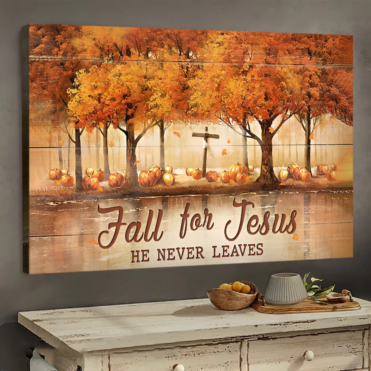 Autumn Forest Pumpkin Wooden Cross Fall For Jesus He Never Leaves Jesus ...
