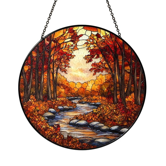 Autumn Forest River Stained Glass Suncatcher, Fall Woodland Landscape ...